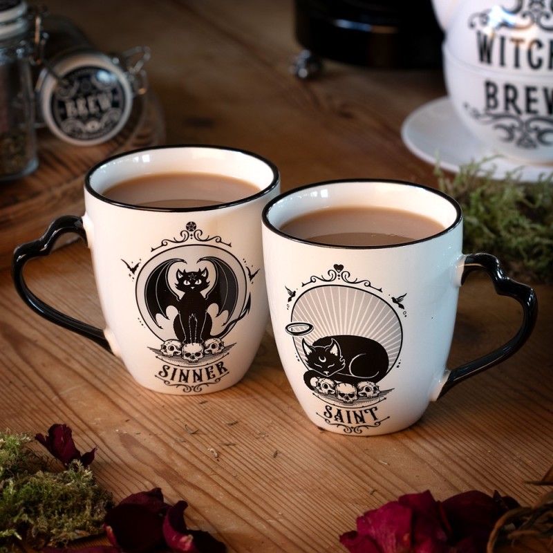 Saint/Sinner: Cat Mug with Heart Handle (ALMUG28) ~ Mugs | Alchemy England
